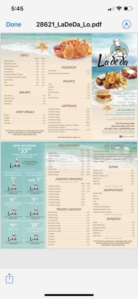 Menu at LaDeDa Fish, Chicken & Gyro restaurant, North Versailles