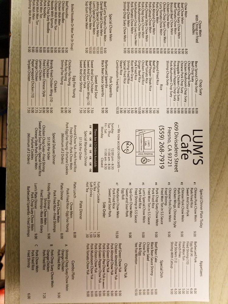 Menu at Lum's Chop Suey restaurant, Fresno