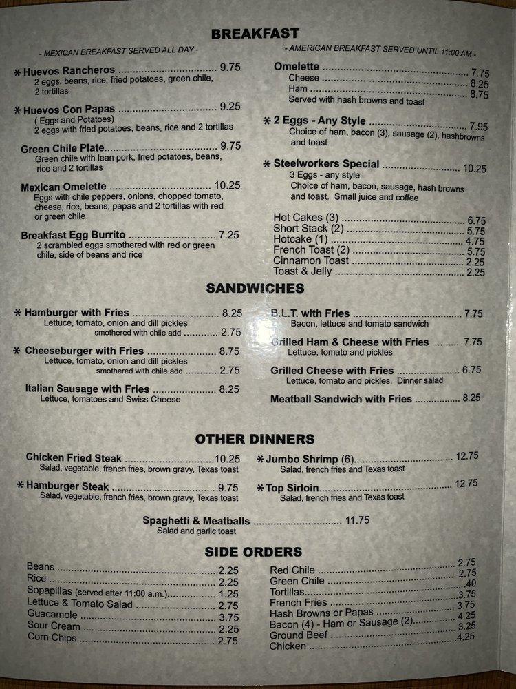 Menu at Mill Stop Cafe, Pueblo