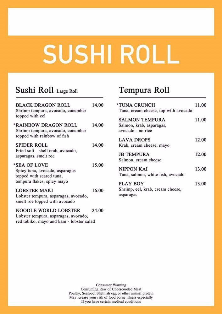 Menu at Noodle World Thai & Sushi restaurant, Stuart