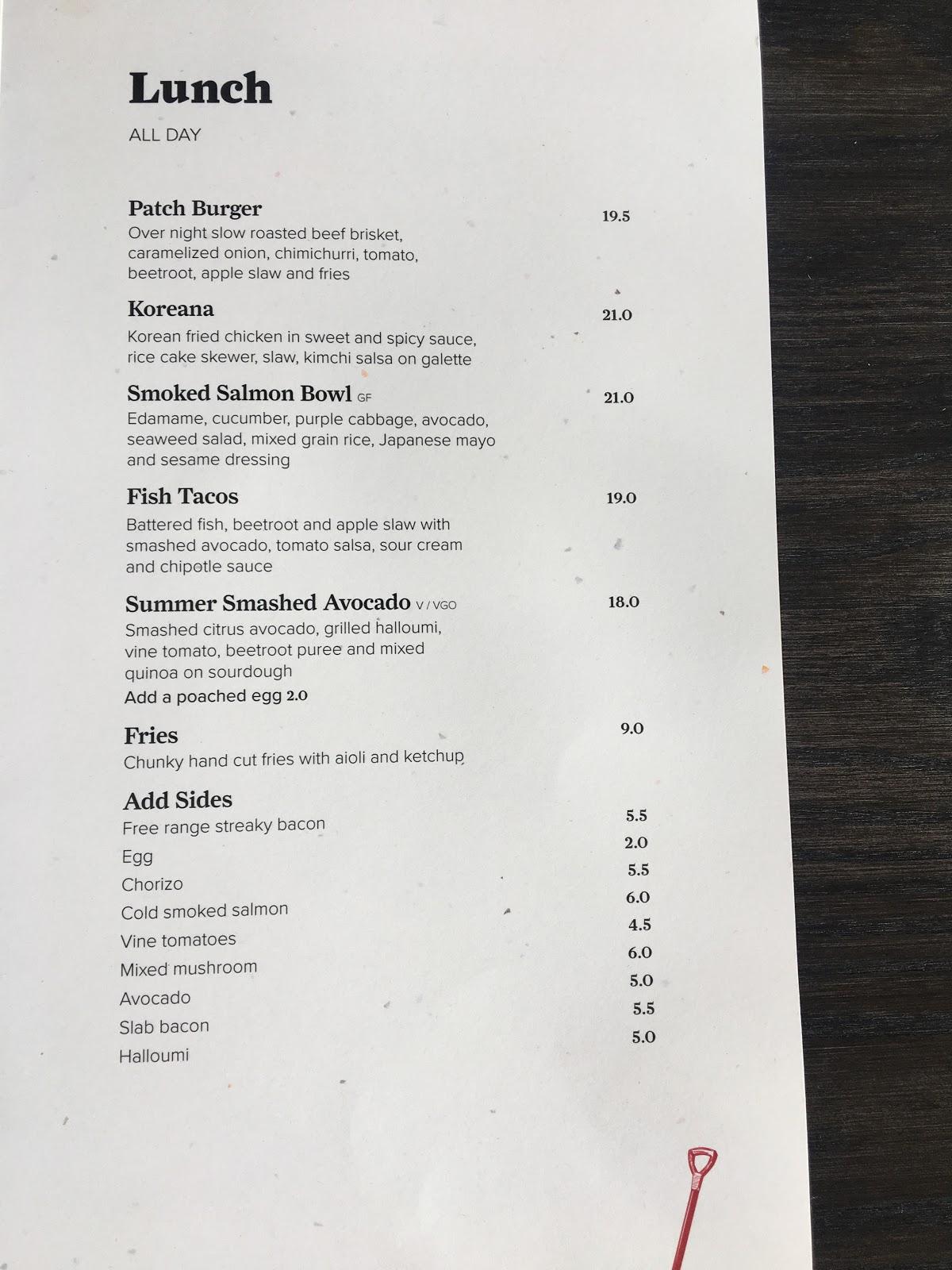 Menu at Patch Cafe, Auckland
