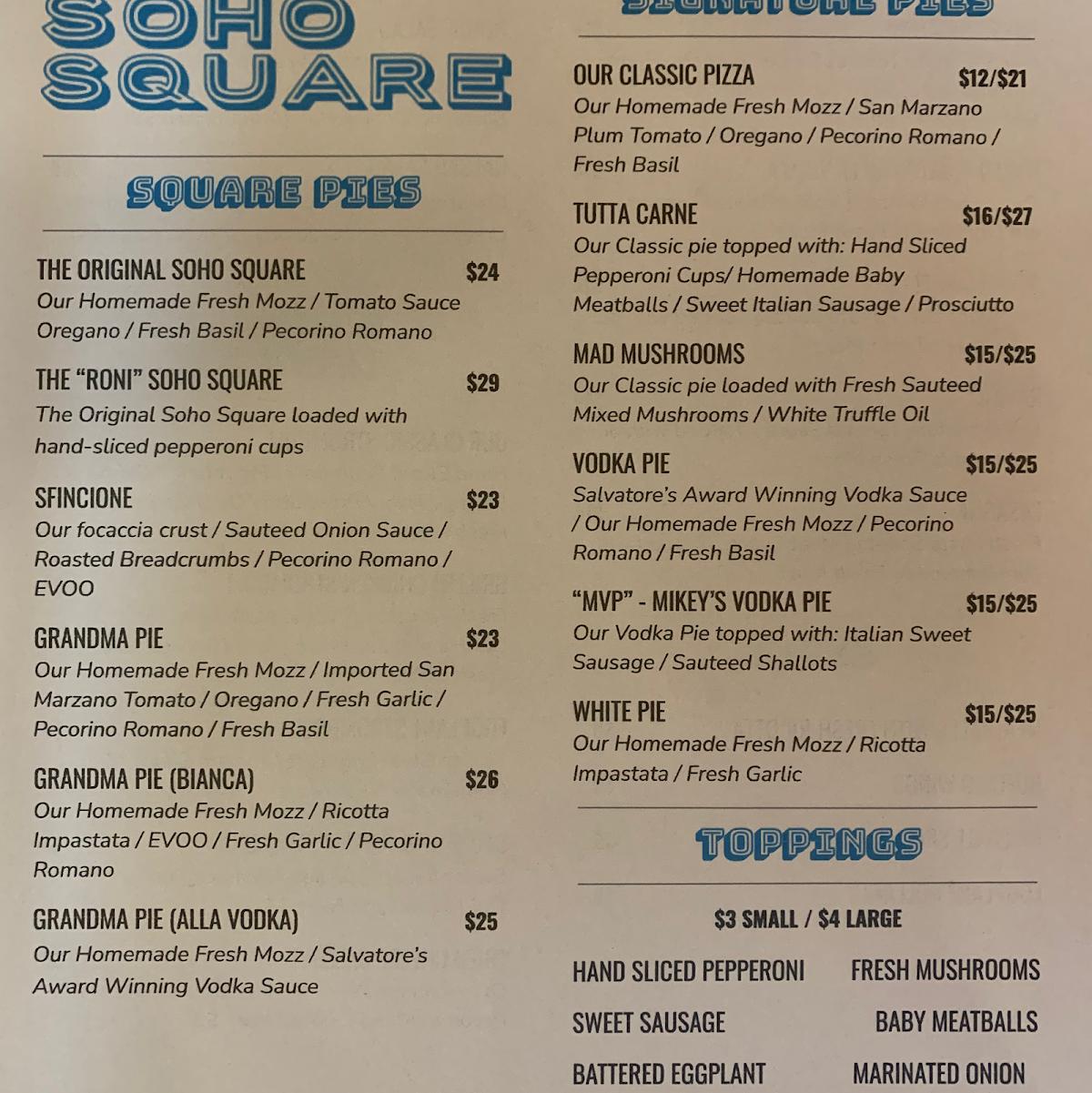 Menu at Soho Square Pizza pizzeria, New York City