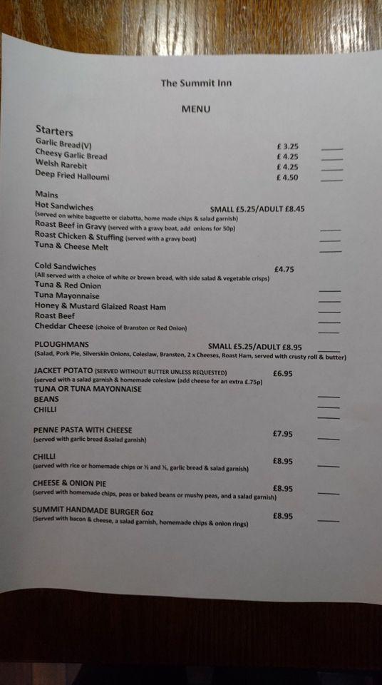 Menu at The Summit Inn pub & bar, Littleborough