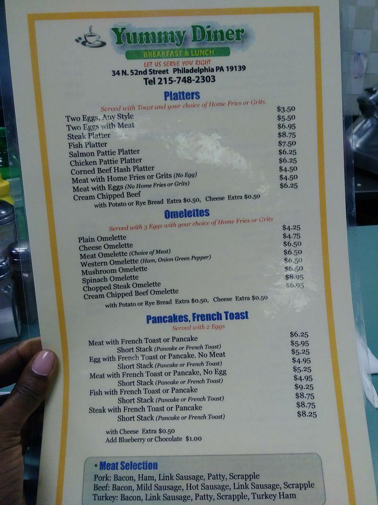 Menu at Yummy Diner restaurant, Philadelphia, 34 N 52nd St