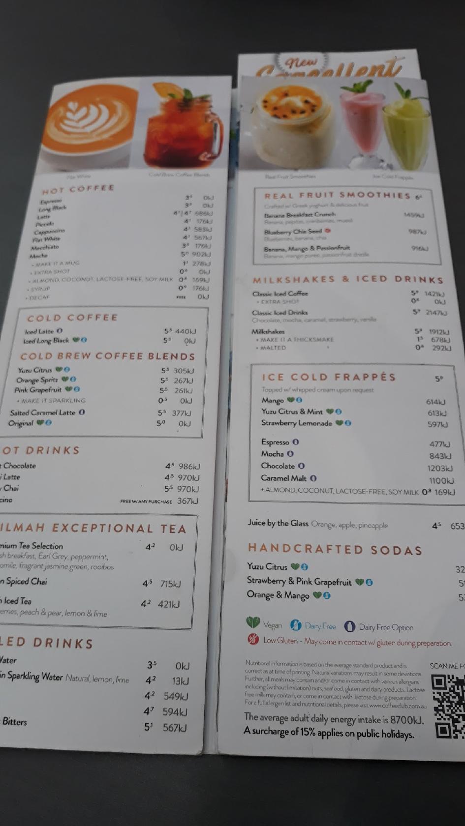 Menu at The Coffee Club, Cairns, Shop KU0