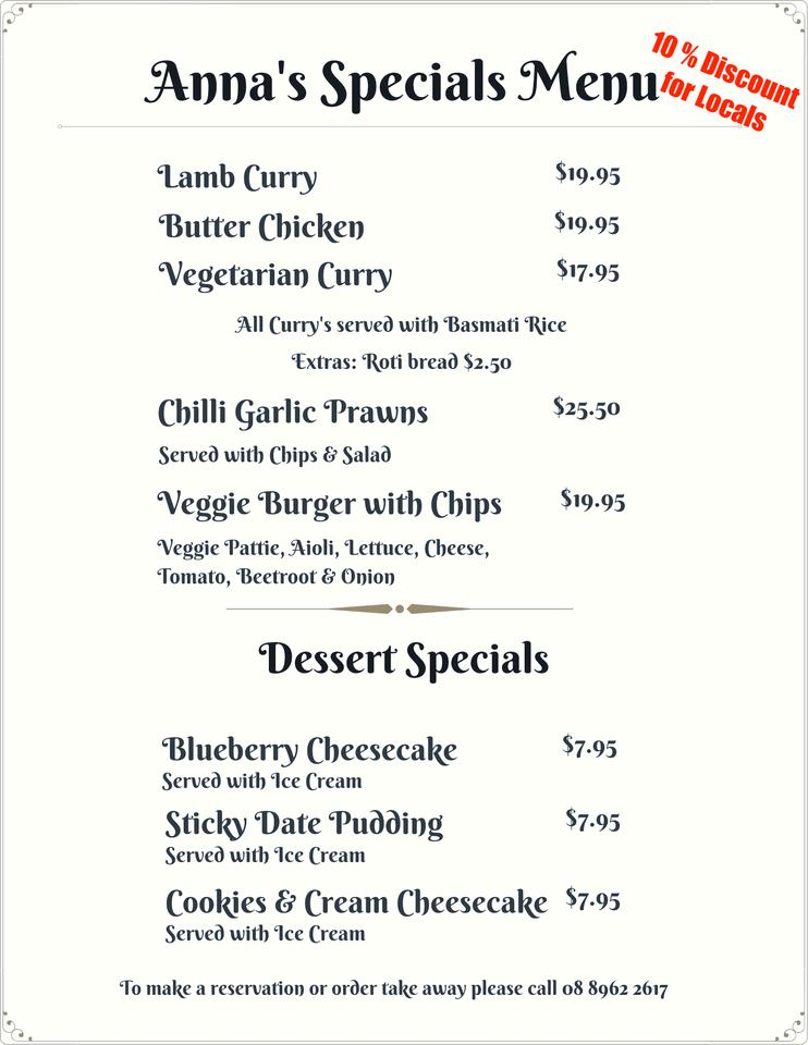 Menu at Anna's Restaurant, Tennant Creek