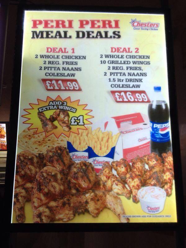 Menu at Chesters fast food, Rawtenstall