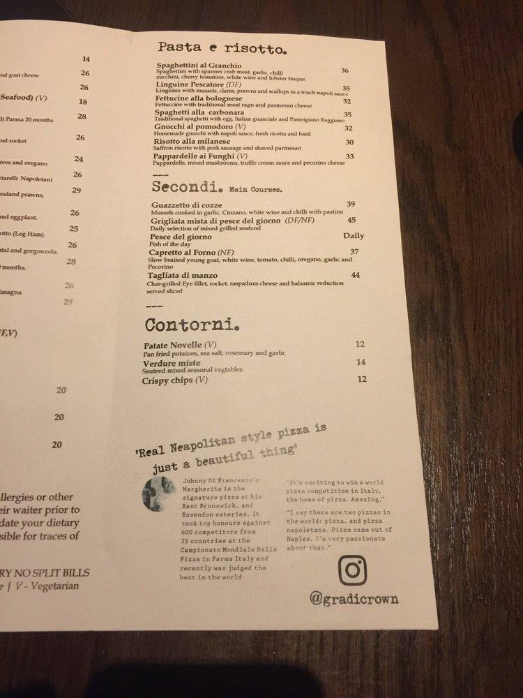 Menu at Gradi at Crown Melbourne pizzeria, Southbank, 8 Whiteman St