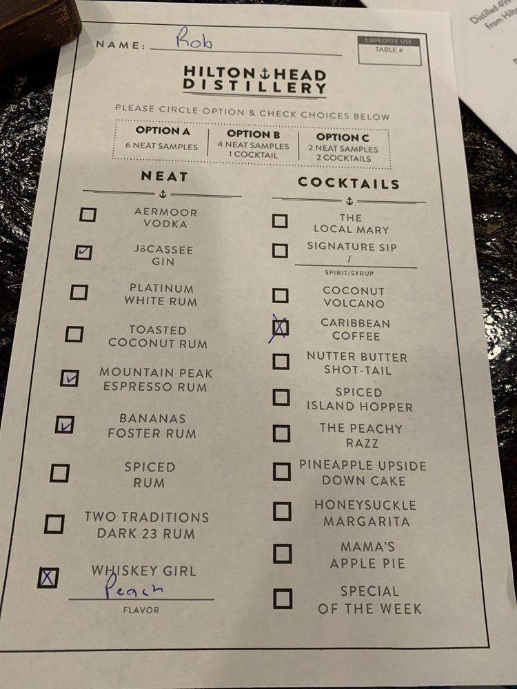 Menu at Hilton Head Distillery pub & bar, Hilton Head Island