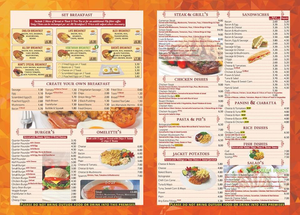 Menu at Hunt's Cafe, Chessington, chessington Business Centre