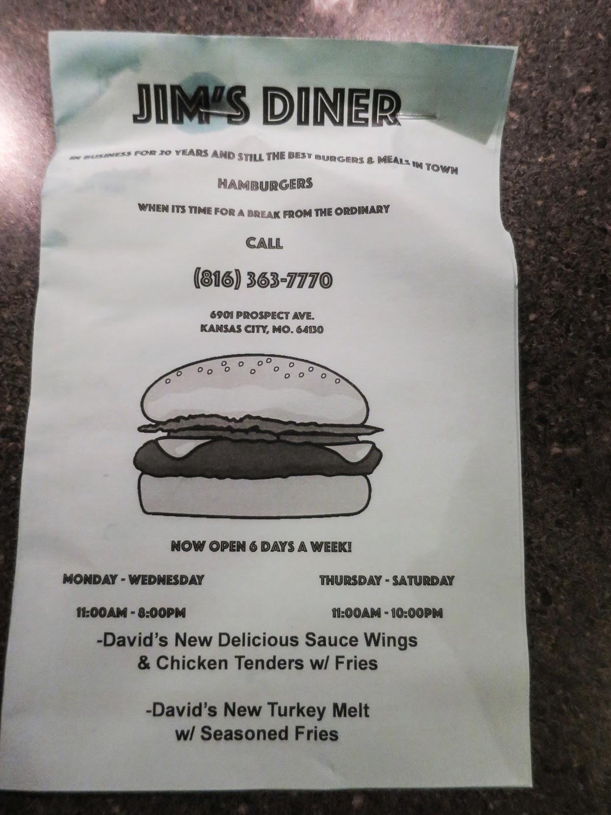 Menu at Jim's Diner restaurant, Kansas City, Prospect Ave