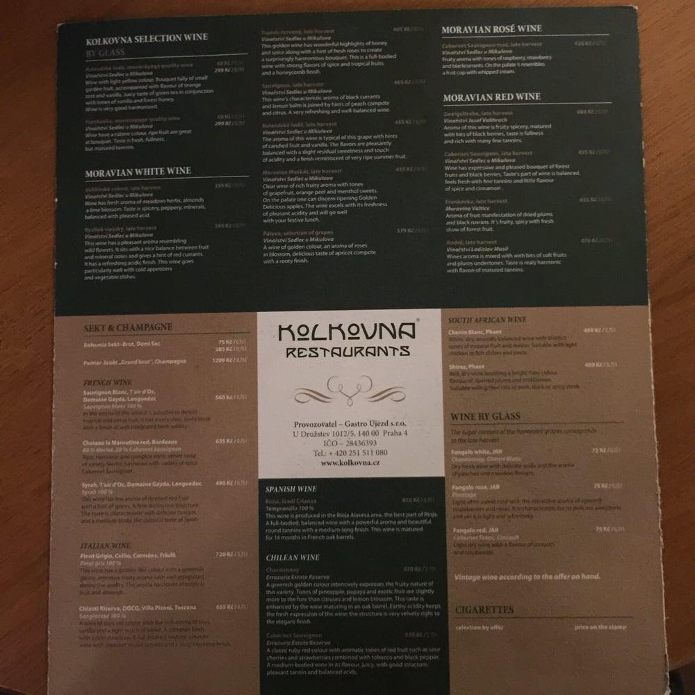 Menu at Kolkovna Olympia restaurant, Prague