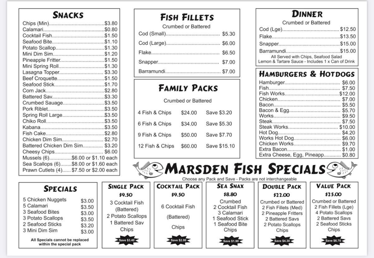 Menu at Marsden Fish & Takeaways fast food, Marsden