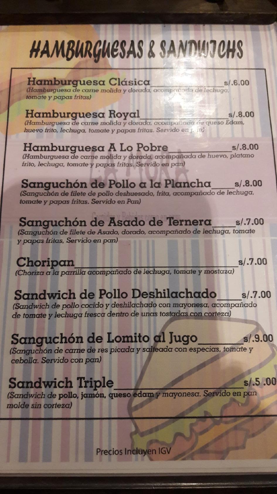 Menu at Picaroneria La Mora restaurant, Huancayo