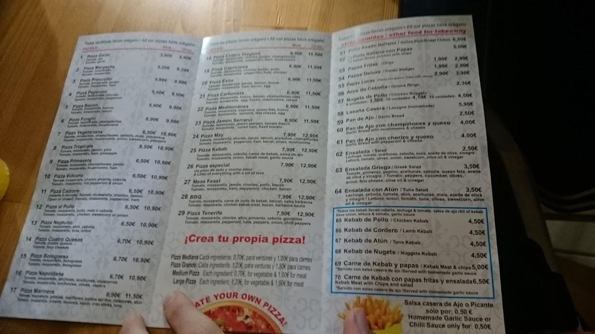 Menu at Pizza May restaurant, Los Cristianos, C. Andorra