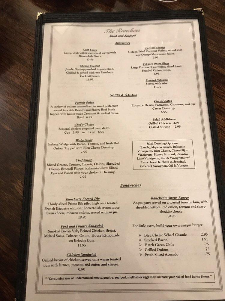 Menu at The Ranchers Steak and Seafood Restaraunt steakhouse, Ruidoso