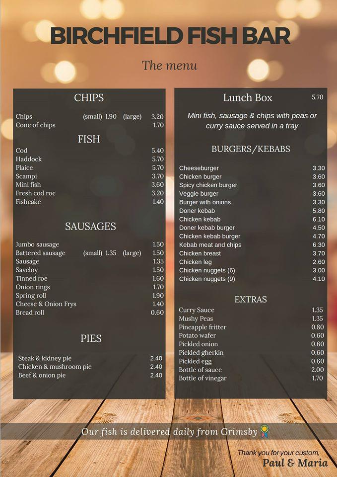 Menu at Birchfield Fish Bar, Northampton