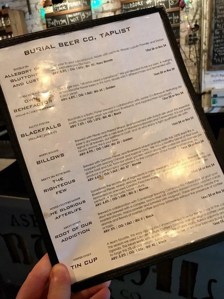 Menu at Burial Beer Co. South Slope Taproom pub & bar, Asheville