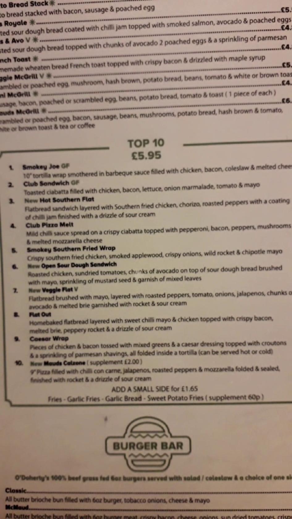 Menu at Cafe Mauds, Enniskillen