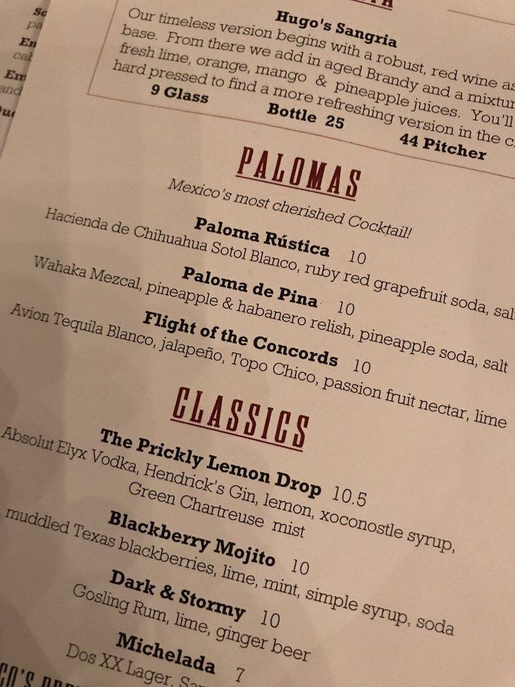 Menu at Hugo's restaurant, Houston, Westheimer Rd