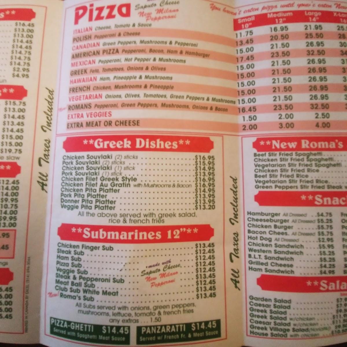 Menu at New Roma's Restaurant, Cornwall