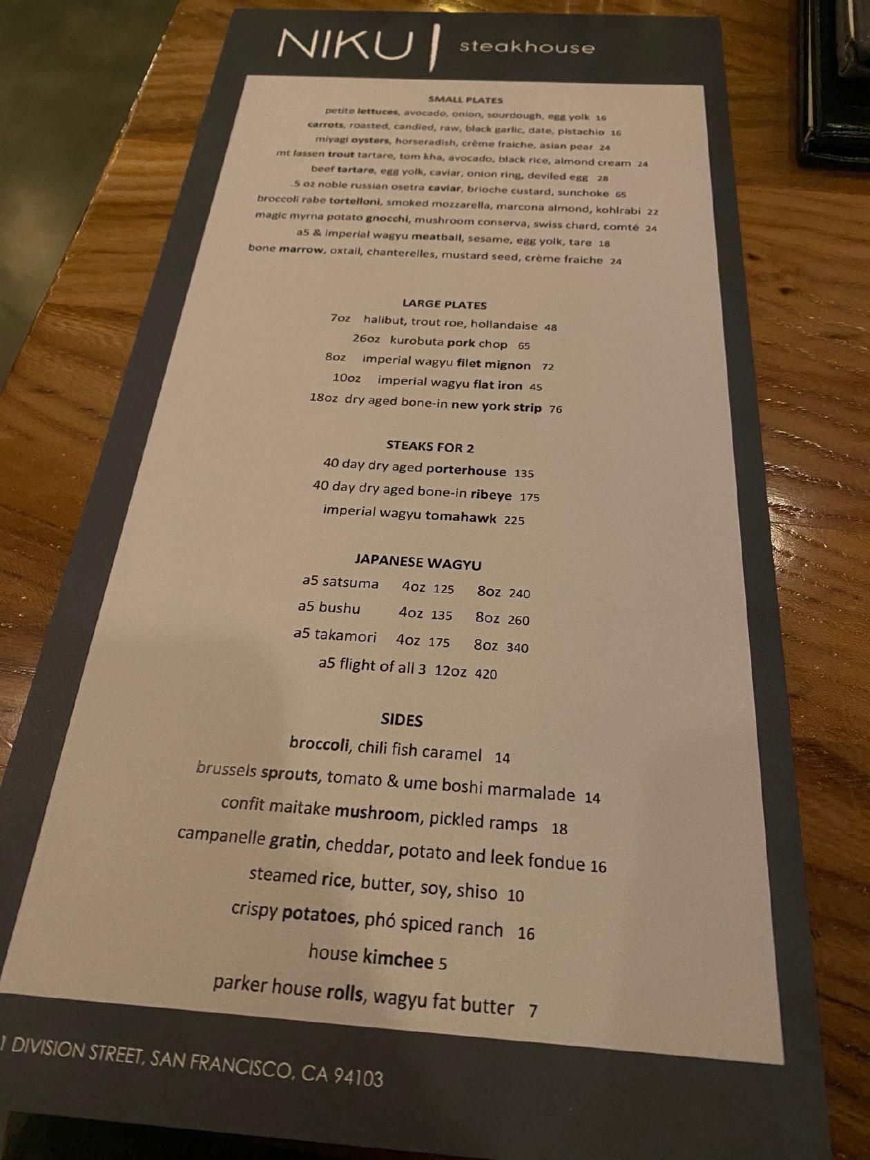 Menu at Niku Steakhouse, San Francisco