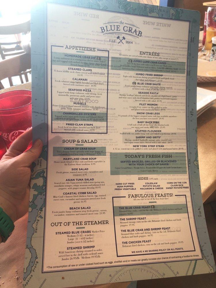 Menu at The Blue Crab restaurant, Bethany Beach