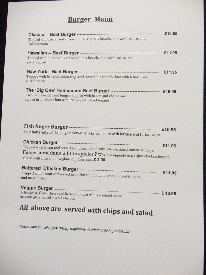 Menu at The Full Pitcher restaurant, Ledbury