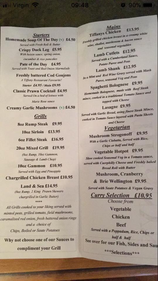 Menu at Tiffanys Restaurant, Neath