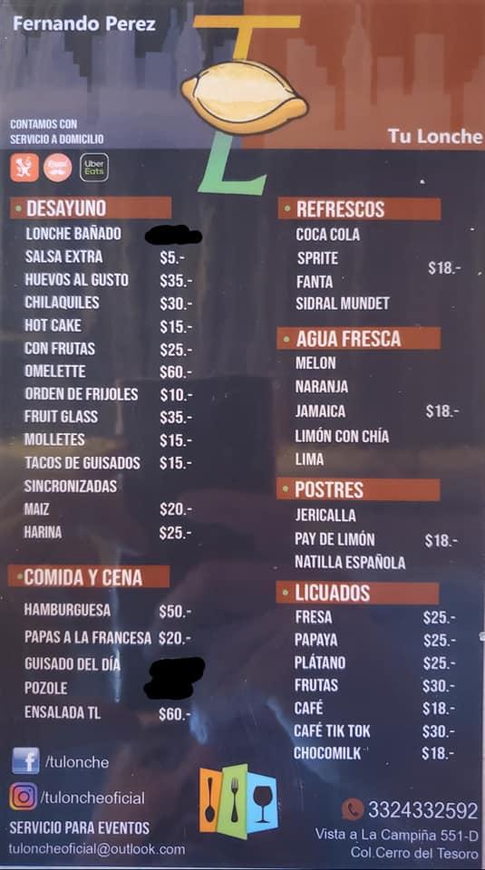 Menu at Tu Lonche restaurant, Tlaquepaque