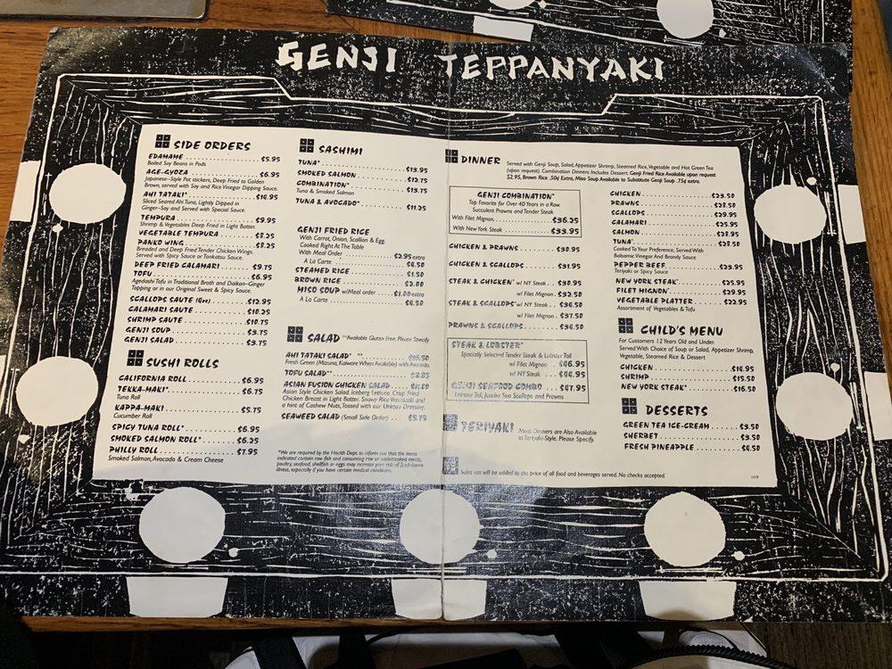 Menu at House of Genji restaurant, San Jose