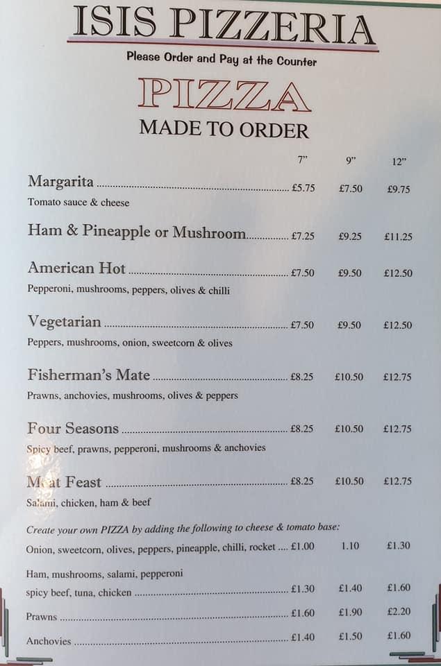 Menu at Isis Pizzeria, Barmouth