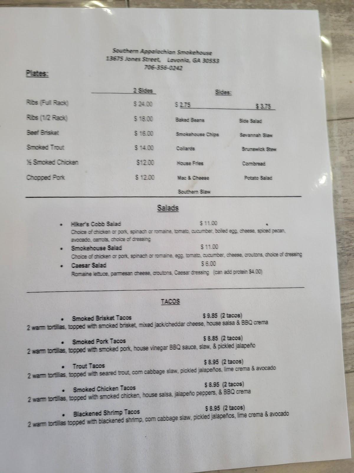 Menu at Southern Appalachian Smokehouse BBQ, Lavonia