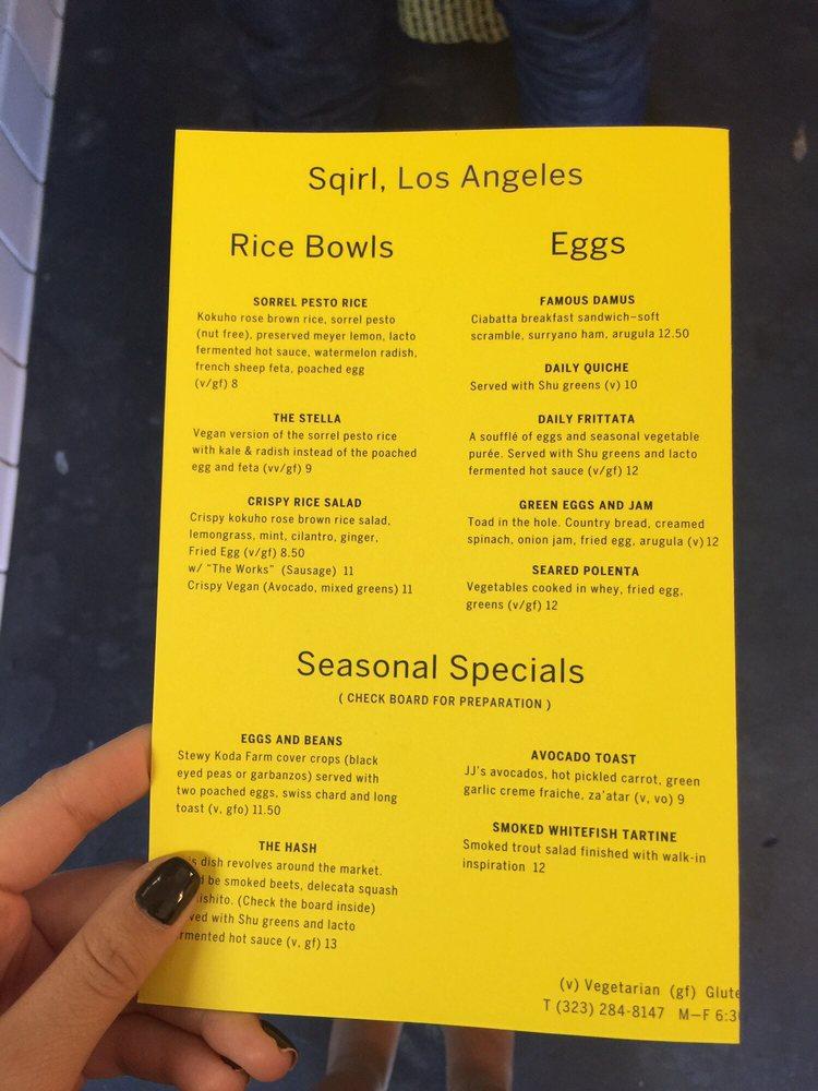 Menu at Sqirl cafe, Los Angeles