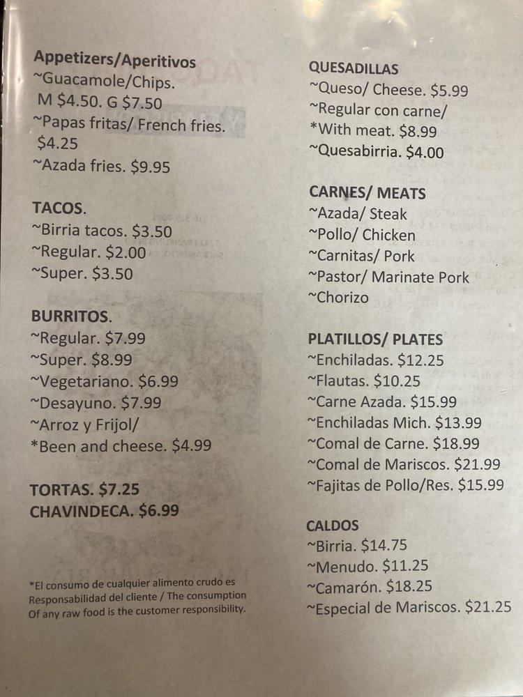 Menu at Taqueria Y Mariscos El Limon, Sacramento