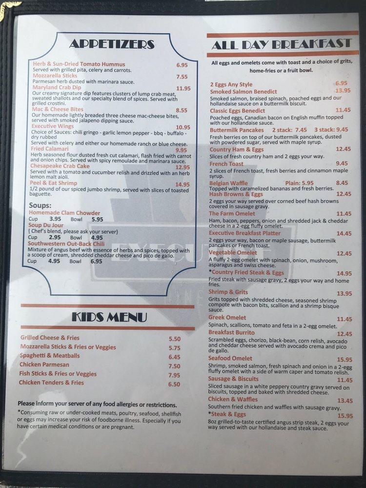 Menu at The Executive Diner restaurant, Alexandria
