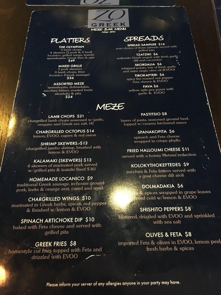 Menu at Zo Greek pub & bar, Somerville, 355 Revolution Dr