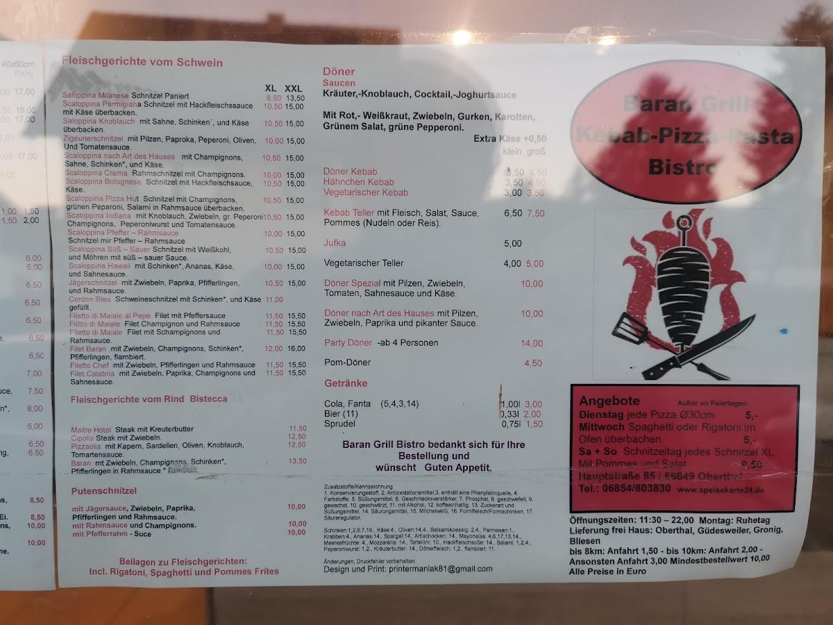 Speisekarte von Baran-Grill Pizza Pasta Döner, Oberthal