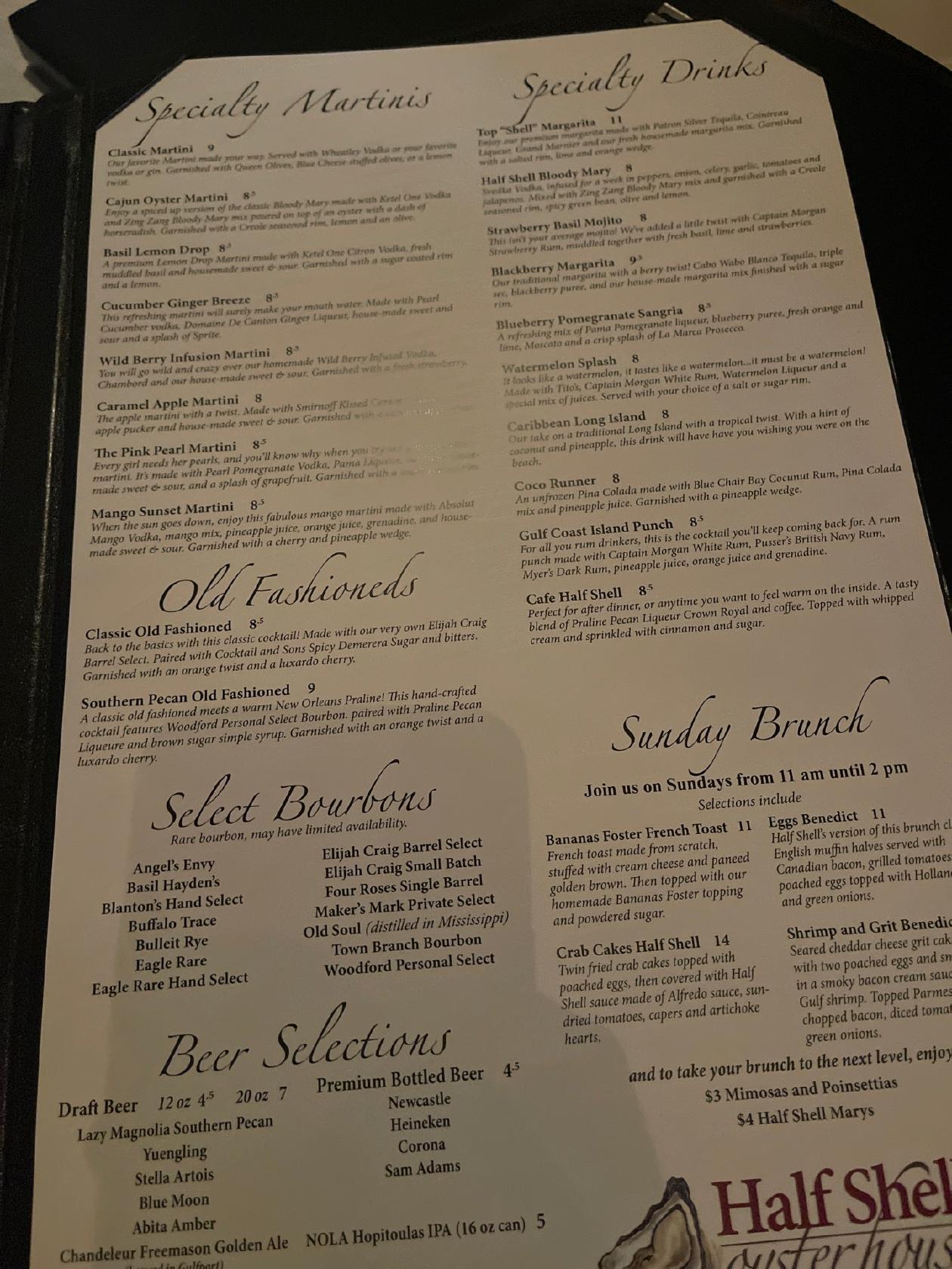 Menu at Half Shell Oyster House restaurant, Biloxi, 125 Lameuse St