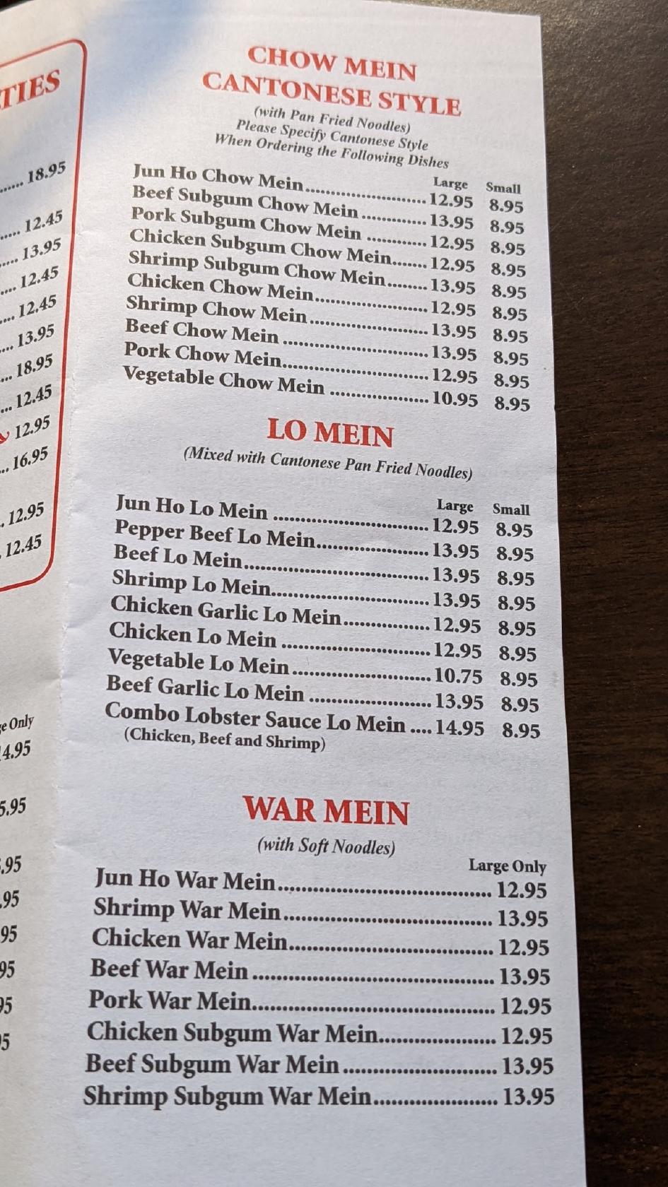 Menu at Jun Ho Carryout restaurant, Mundelein
