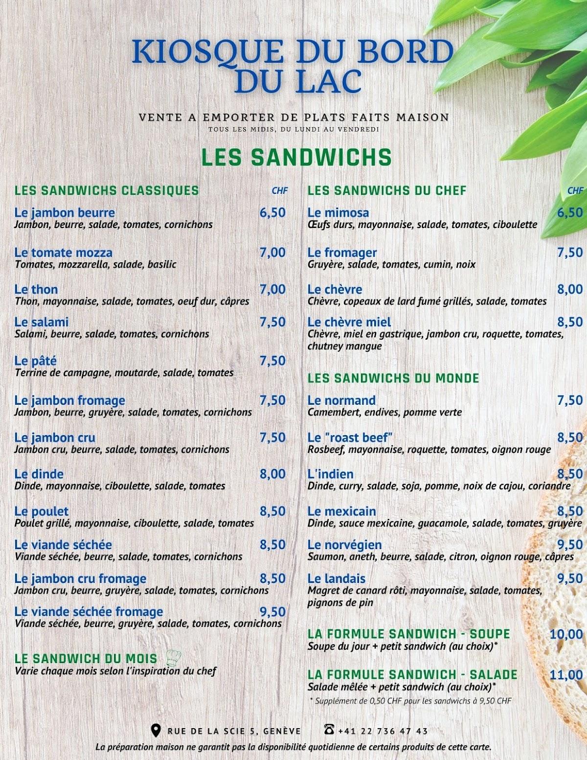 Menu au Kiosque du Bord du Lac, Genève