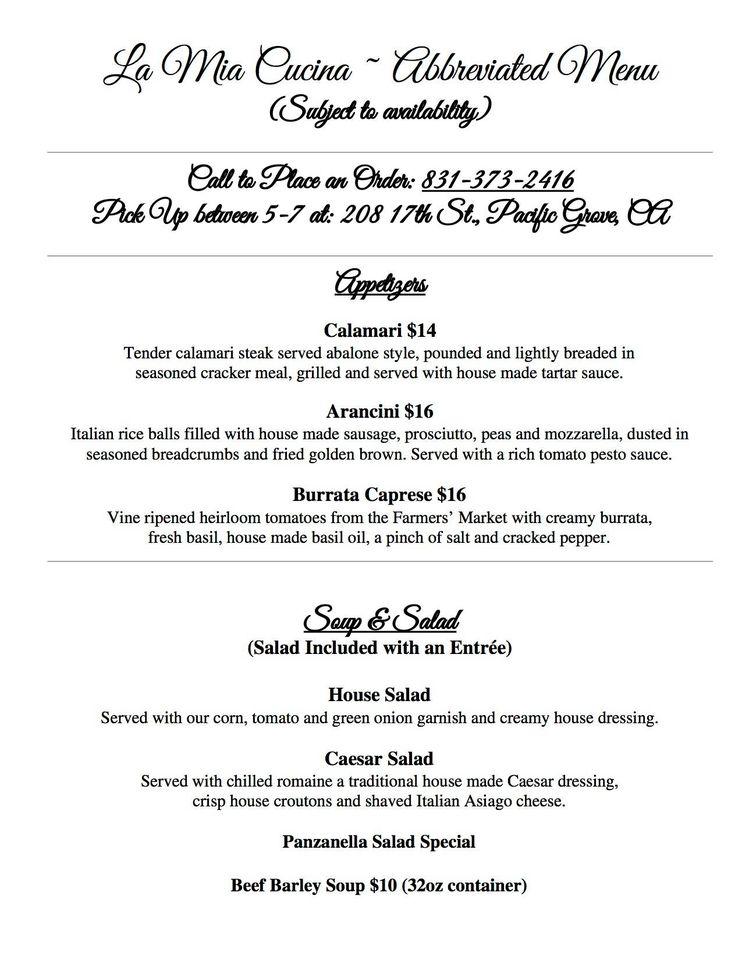 Menu at La Mia Cucina restaurant, Pacific Grove