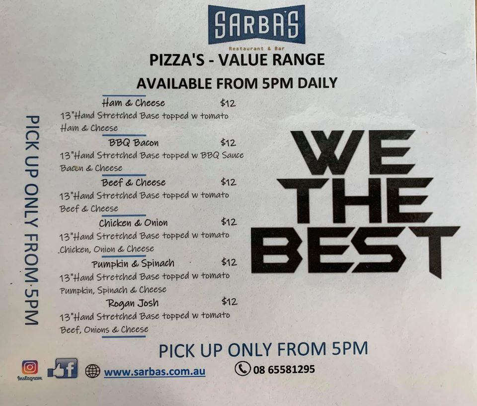 Menu at Sarba's restaurant, Lakelands