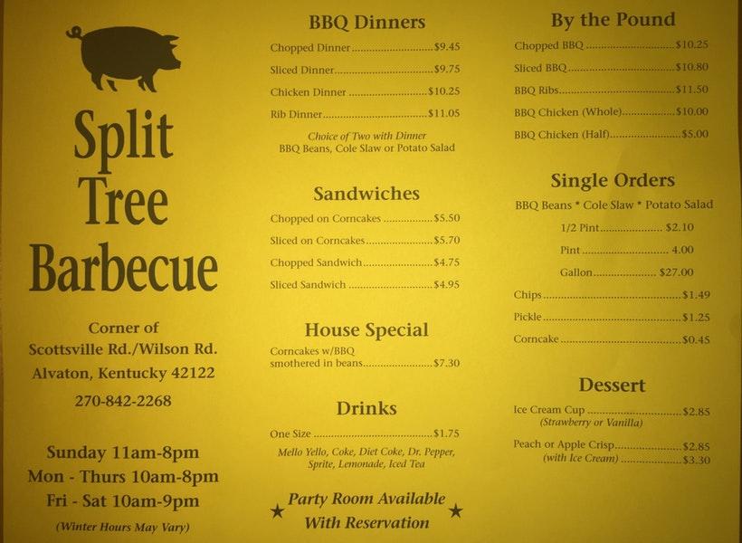 Menu at Split Tree Barbecue, Alvaton, 115 Wilson Rd