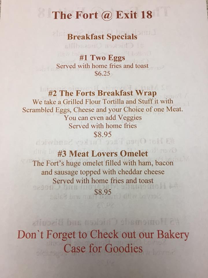 Menu at The Fort at Exit 18 restaurant, Lebanon