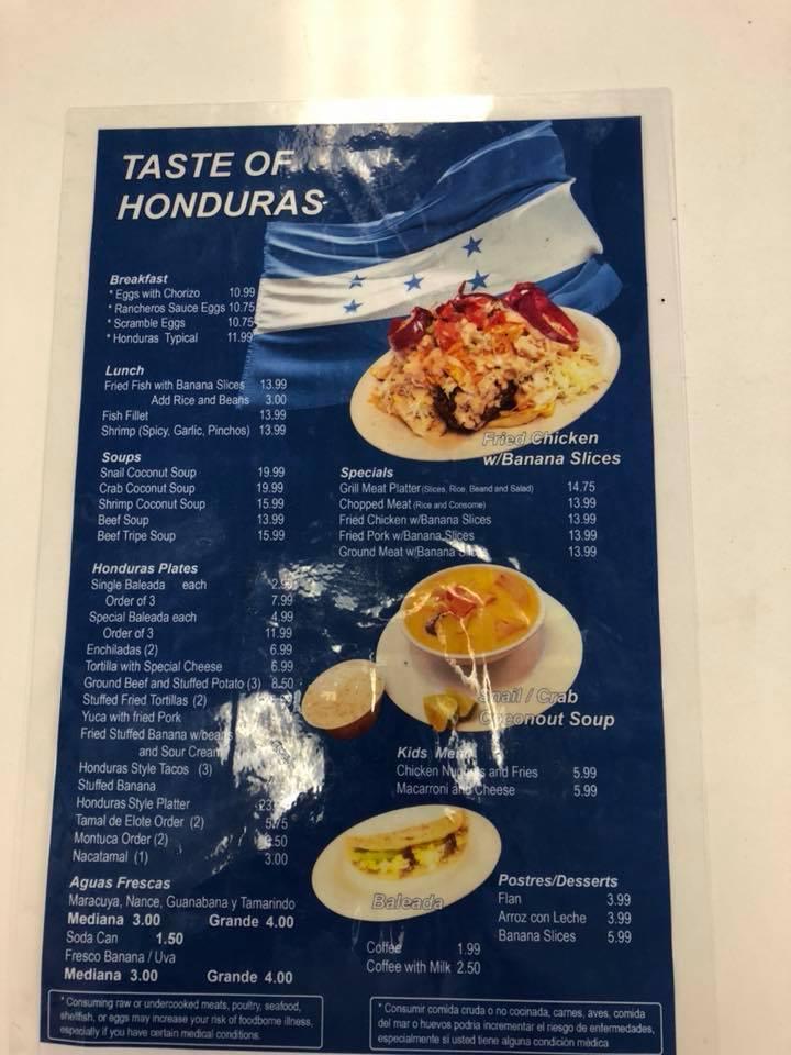 Menu at The Taste Of Honduras restaurant, Phoenix
