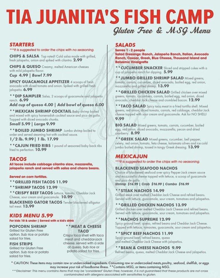 Menu at Tia Juanita’s Fish Camp restaurant, Orange