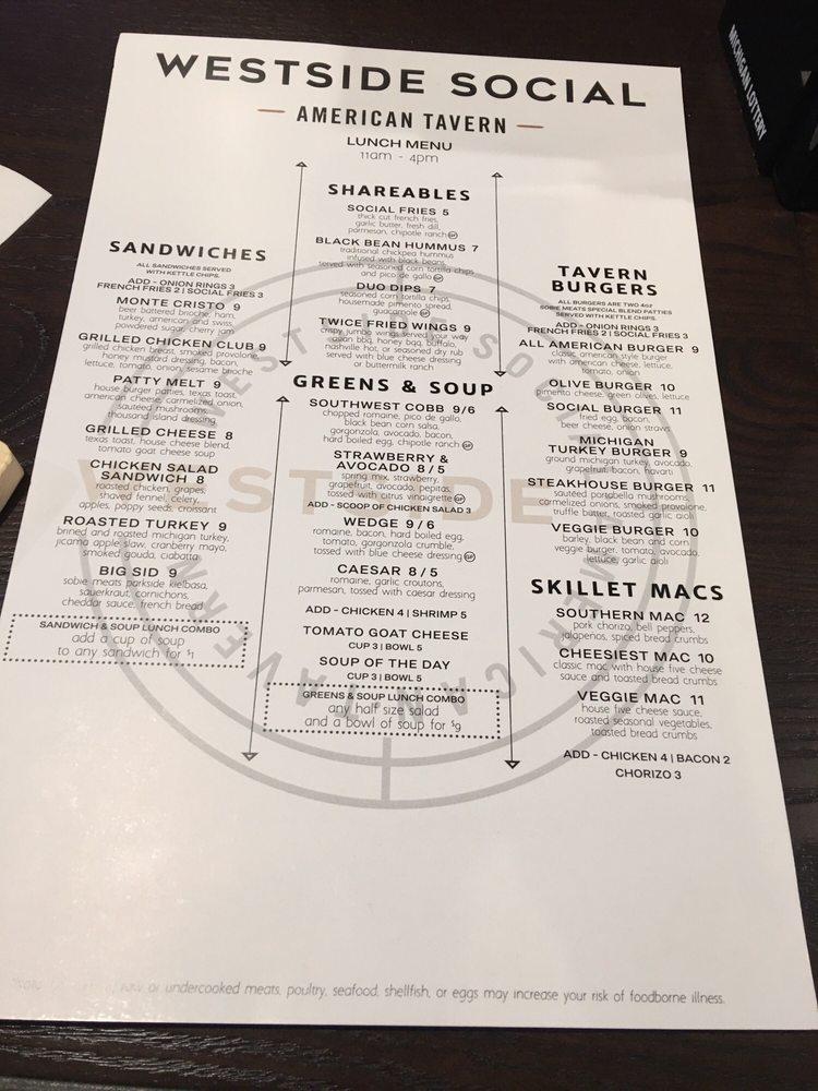 Menu at Westside Social pub & bar, Grand Rapids