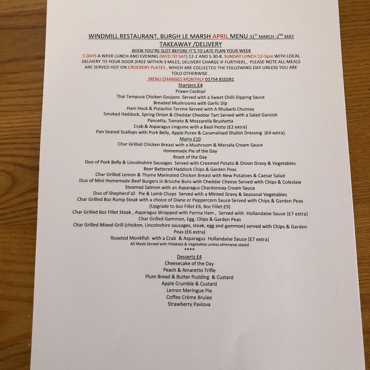 Menu at Windmill Restaurant, Burgh le Marsh