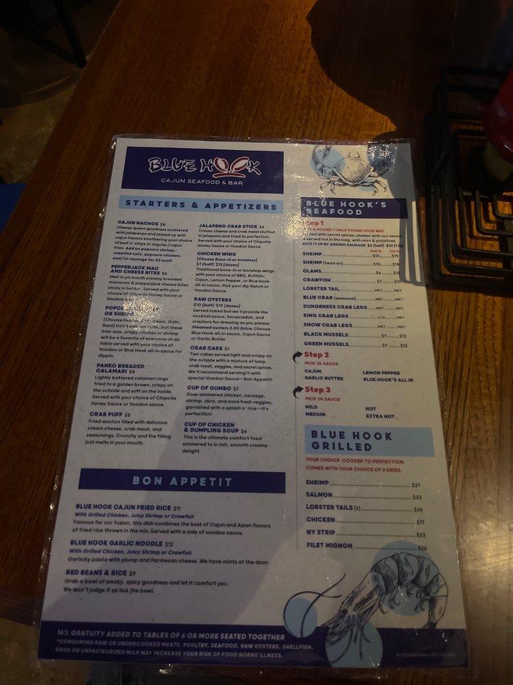 Carta de Blue Hook Cajun Seafood & Bar, Wichita